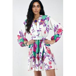 Blumiges V-Ausschnitt A-Linien Mini-Kleid mit G&uuml;rtel