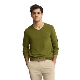 Pullover moosgr&uuml;n mit V-Kragen und Rigby Go Stickerei