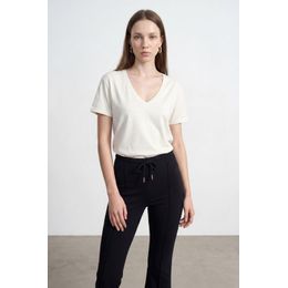 Baumwolle Tencel V-Ausschnitt Kurzarm-Bluse