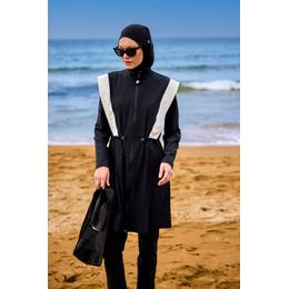 Schwarzes bescheidenes Burkini-Set mit verstellbarer Taille