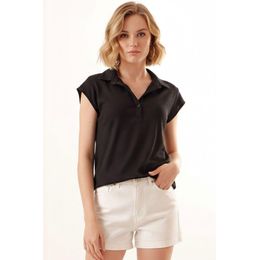 Strukturierte Polohemd-Bluse mit Knopfverschluss
