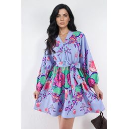 Blumiges V-Ausschnitt A-Linien Mini-Kleid mit G&uuml;rtel