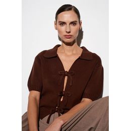 Damen Rippstrick-Acryl Polo-Cardigan mit Schleifenfront