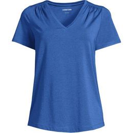 LANDS' END Baumwoll-Modal-Shirt mit V-Ausschnitt und Spitzenbesatz, Damen,  Blau, Elasthan/Baumwoll-Mischung/Baumwolle Modal, by Lands' End