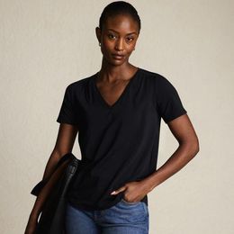 LANDS' END Baumwoll-Modal-Shirt mit V-Ausschnitt und Spitzenbesatz, Damen, size: regular, Schwarz, Elasthan/Baumwoll-Mischung/Baumwolle Modal, by Lands' End