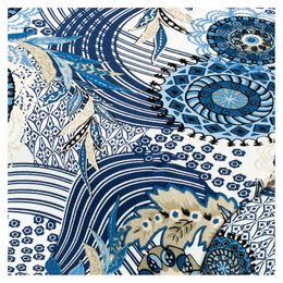 buttinette Viskose-Jersey "Kreise & Bl&auml;tter", wei&szlig;/blau