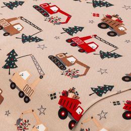 buttinette Baumwoll-Jersey "Weihnachtsfahrzeuge" mit Elasthan, creme-color