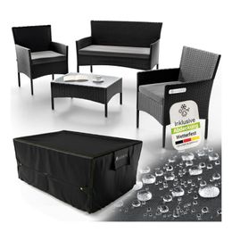 Juskys Polyrattan Gartenm&ouml;bel-Set Fort Myers schwarz mit Tisch, Sofa, 2 St&uuml;hle & Auflagen inkl. Abdeckung