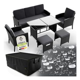 Juskys Polyrattan Gartenm&ouml;bel Sitzgruppe Turin Set 6 teilig inkl. Abdeckung - Outdoor M&ouml;bel mit Tisch - Schwarz