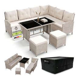 Juskys Gartenlounge Manacor creme - Sofa, Tisch, Hocker & Kissen inkl. Abdeckung - 8 Personen - Sitzbez&uuml;ge in Sand