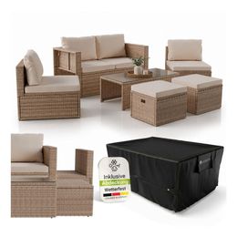Juskys Polyrattan Gartenm&ouml;bel Set Salou inkl. Abdeckung - Outdoor Lounge f&uuml;r 6 Personen, wetterfest - Creme
