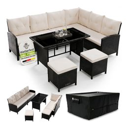 Juskys Gartenlounge Manacor schwarz - Sofa, Tisch, Hocker & Kissen inkl. Abdeckung - 8 Personen - Sitzbez&uuml;ge in Creme