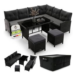 Juskys Gartenlounge Manacor schwarz - Sofa, Tisch, Hocker & Kissen inkl. Abdeckung - 8 Personen - Sitzbez&uuml;ge in Grau