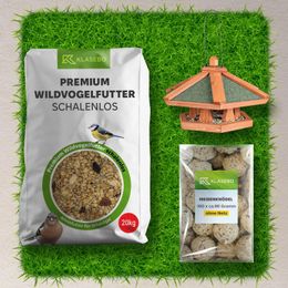 Wildvogelfutter Komplett-Set: Meisenkn&ouml;del mit Insekten 100 Stk. &agrave; ca. 90g netzlos, h&auml;ngendes Futterhaus aus Kiefernholz 42x24cm, Wildvogelfutter scha