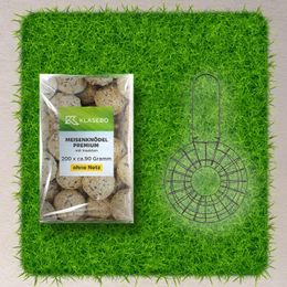 Meisenkn&ouml;del Set: 200 Stk. 90g mit Insekten & Mehlw&uuml;rmern + Robuster Metall-Futterspender