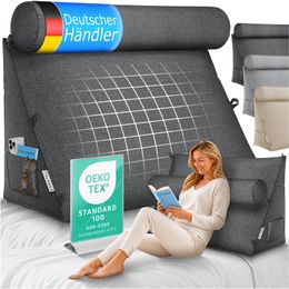 ELONEO R&uuml;ckenkissen Anthrazit 70 cm breit mit Verstellbarer und Abnehmbarer Nackenrolle, Keilkissen f&uuml;r Bett und Sofa geeignet, dreieckiges Lesekissen, Kissen mit waschbarem Bezug, praktisches Seitenfach