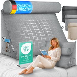 ELONEO R&uuml;ckenkissen Grau 70 cm breit mit Verstellbarer und Abnehmbarer Nackenrolle, Keilkissen f&uuml;r Bett und Sofa geeignet, dreieckiges Lesekissen, Kissen mit waschbarem Bezug, praktisches Seitenfach