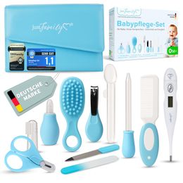 justFamily Baby Pflegeset Neugeborene &ndash; 11-teiliges Set mit hochwertiger Baby-Erstausstattung - Farbe Blau