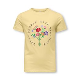 KIDS Only M&auml;dchen T-Shirt "KOGEMMA REG S/S FLOWER TOP BOX JRS", beige, Gr. 122, bedruckt, bestickt, unifarben, Jersey, Obermaterial: 100% Baumwolle,