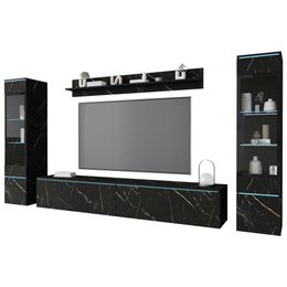 P & B Wohnwand Vera, Schiefer, Kunststoff, 4-teilig, 6 F&auml;cher, kaltwei&szlig;, 240x130x33 cm, Fsc, Made in EU, stehend, h&auml;ngend, Beleuchtung, in verschiedenen Holzdekoren erh&auml;ltlich, Wohnzimmer, Wohnw&auml;nde, Anbauw&auml;nde