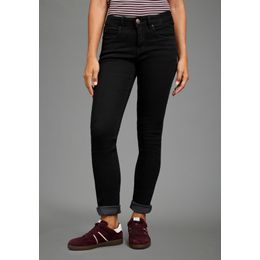 Arizona Damen Slim-fit-Jeans "Bund mit seitlichem Gummizugeinsatz", schwarz, Basic, Gr. 44, unifarben, Denim/Jeans, Obermaterial: 98% Baumwolle, 2%
