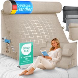 ELONEO R&uuml;ckenkissen Sand 70 cm breit mit Verstellbarer und Abnehmbarer Nackenrolle, Keilkissen f&uuml;r Bett und Sofa geeignet, dreieckiges Lesekissen, Kissen mit waschbarem Bezug, praktisches Seitenfach