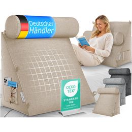 ELONEO R&uuml;ckenkissen Sand 50 cm breit mit Verstellbarer und Abnehmbarer Nackenrolle, Keilkissen f&uuml;r Bett und Sofa geeignet, dreieckiges Lesekissen, Kissen mit waschbarem Bezug, praktisches Seitenfach