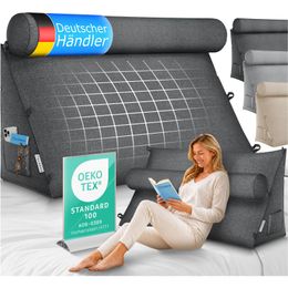ELONEO R&uuml;ckenkissen Anthrazit 90 cm breit mit Verstellbarer und Abnehmbarer Nackenrolle, Keilkissen f&uuml;r Bett und Sofa geeignet, dreieckiges Lesekissen, Kissen mit waschbarem Bezug, praktisches Seitenfach