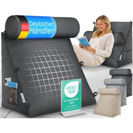 ELONEO R&uuml;ckenkissen Anthrazit 50 cm breit mit Verstellbarer und Abnehmbarer Nackenrolle, Keilkissen f&uuml;r Bett und Sofa geeignet, dreieckiges Lesekissen, Kissen mit waschbarem Bezug, praktisches Seitenfach