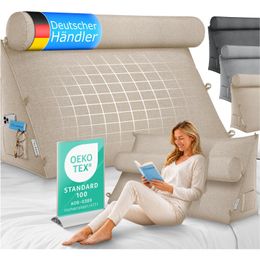 ELONEO R&uuml;ckenkissen Sand 90 cm breit mit Verstellbarer und Abnehmbarer Nackenrolle, Keilkissen f&uuml;r Bett und Sofa geeignet, dreieckiges Lesekissen, Kissen mit waschbarem Bezug, praktisches Seitenfach
