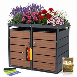 ALBATROS M&uuml;lltonnenbox 2er Holzdekor mit Pflanzkasten, 120L bis 240L, f&uuml;r Zwei Tonnen, Metall, Anthrazit Grau RAL7016, abschlie&szlig;bar, wetterfest, gepr&uuml;ft ISO9227, mit Aufkleber Set