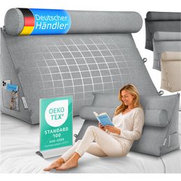 ELONEO R&uuml;ckenkissen Grau 90 cm breit mit Verstellbarer und Abnehmbarer Nackenrolle, Keilkissen f&uuml;r Bett und Sofa geeignet, dreieckiges Lesekissen, Kissen mit waschbarem Bezug, praktisches Seitenfach