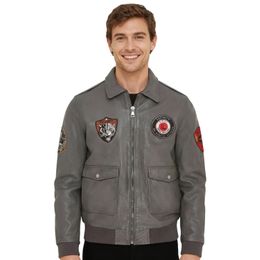 Graue Bomberjacke aus Leder f&uuml;r Herren G-1 mit Fliegerkragen - Hudson