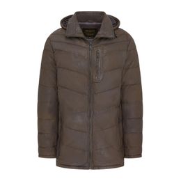 Herren Braune Steppjacke aus Leder mit Kapuze, Puffer-Wintermantel - Olyic