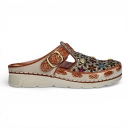 Laura Vita Damen-Sandalen Dorry 01 mit floralem Muster, beigefarbenem Leder und Keilabsatz