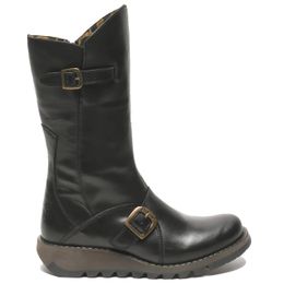 Fly London Damen MES 2 Plateaustiefel mit Keilabsatz, Schnalle, halbhohem Schaft, Rei&szlig;verschluss, Schwarz