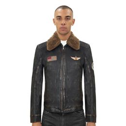Herren-Bomberjacke aus schwarzem Vintage-Leder mit Abzeichen &ndash; Tunis