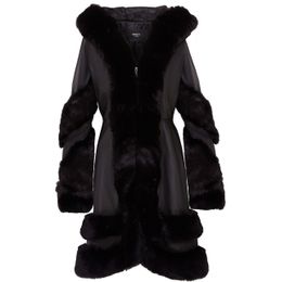 Ausgestellter schwarzer Cape-Mantel aus Leder mit Kapuze und Pelz f&uuml;r Damen - Mandal