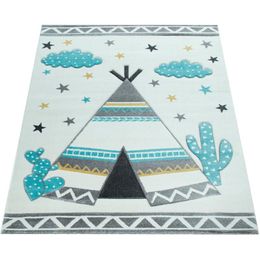 Paco Home Kinderteppich &raquo;Ela 215&laquo; rechteckig 16 mm H&ouml;he Kurzflor, 3D-Design, Motiv Zelt, Wolken & Sterne, Kinderzimmer beige Polypropylen B : 133cm 1 Stk., 16mm