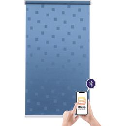 SUNLINES Elektrisches Rollo &raquo;Funky Square&laquo; blickdicht mit Bohren freih&auml;ngend appgesteuert via Bluetooth, mit Akku und Motor, wei&szlig;er Fallstab blau 