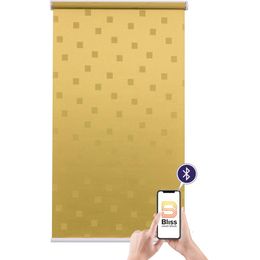SUNLINES Elektrisches Rollo &raquo;Funky Square&laquo; blickdicht mit Bohren freih&auml;ngend appgesteuert via Bluetooth, mit Akku und Motor, wei&szlig;er Fallstab gelb 