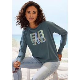 ELBSAND Langarmshirt 'Ilda' blau Gr. S (36) f&uuml;r Damen. Rundhals und Druck. Figurumspielend. Nachhaltig.