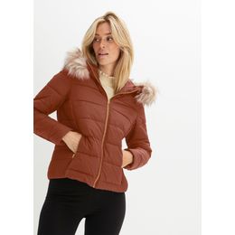 bonprix Steppjacke aus recyceltem Polyester, braun, Gr.32, Feminine Steppjacke mit Fellimitat-Kapuze und Raffungen
