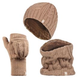 Heat Holders - Womens Thermal Winter Fleece M&uuml;tze, Halsw&auml;rmer und Converter Handschuhe Set - Beige