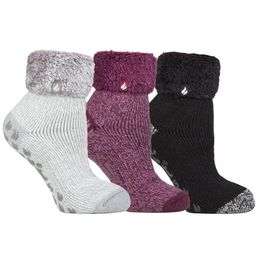 Womens Fluffy Slipper Bed Socks with Grips | Heat Holders | 3 Pair Multipack | Ladies Warm Fleece Lined Non Slip Socks | Winter Gifts for Her - Pack 7