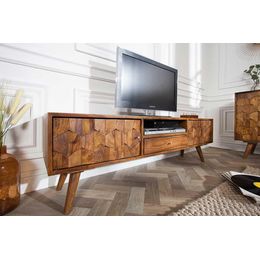 Riess Ambiente Massives TV-Board MYSTIC LIVING 140cm braun Sheesham Massivholz stone finish 3D -Front Riess-Ambiente Natur Retro