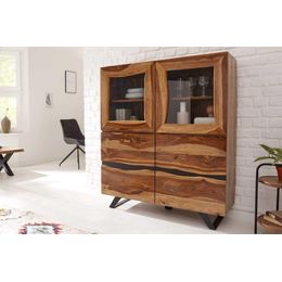 Riess Ambiente Massives Highboard AMAZONAS 140cm braun Sheeshamholz Vitrine mit Baumkante Riess-Ambiente Industrie & Loft Natur