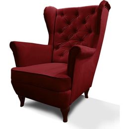 Beautysofa Chesterfield-Sessel, Bordeaux, Holz, 1-Sitzer, 82x102x92 cm, Wohnzimmer, Sessel, Ohrensessel