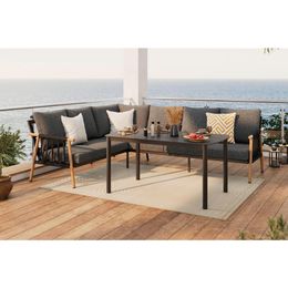 Ambia Garden Dining-Loungeset, Natur, Dunkelgrau, Metall, Glas, Textil, 4-teilig, F&uuml;llung: Polyester,Schaumstoff, Polyester, links montierbar, rechts montierbar, 205.5x265.5 cm, rostfrei, wetterbest&auml;ndig, wetterfest, Loungem&ouml;bel, Gartenlounge-Sets