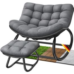 ELONEO Schaukelstuhl Outdoor XXL, ergonomischer Schaukelsessel mit Premium Sitzpolster f&uuml;r drinnen & drau&szlig;en, Balkonsessel, wetterfester Loungesessel Outdoor, rutschfest, bis 120kg, Grau, mit Hocker